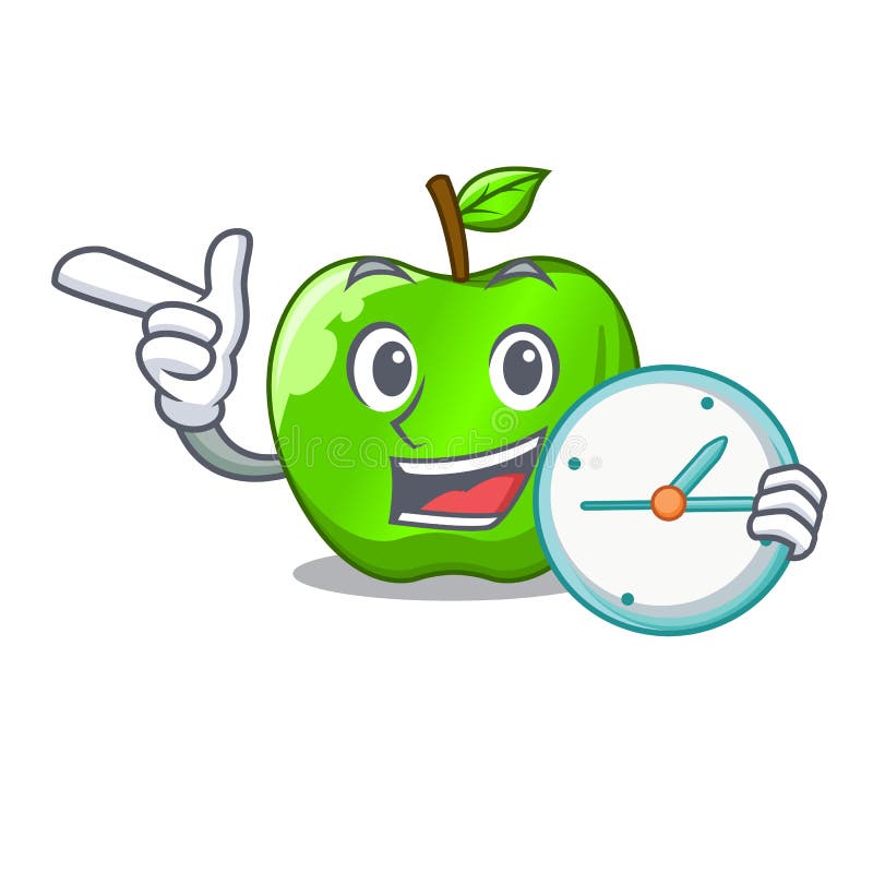 With Clock Character Ripe Green Apple with Leaf Stock Vector ...