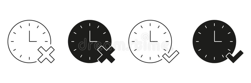 Clock with Check and Cross Line and Solid Icon Set. Time Management ...