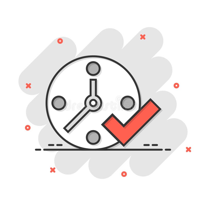 Clock Check Mark Icon in Comic Style. Timer Approval Cartoon Vector ...