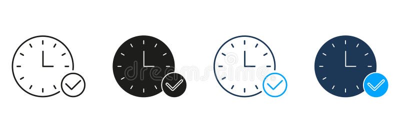 Clock with Checkmark Line and Solid Icon Set. Time Management, Task ...