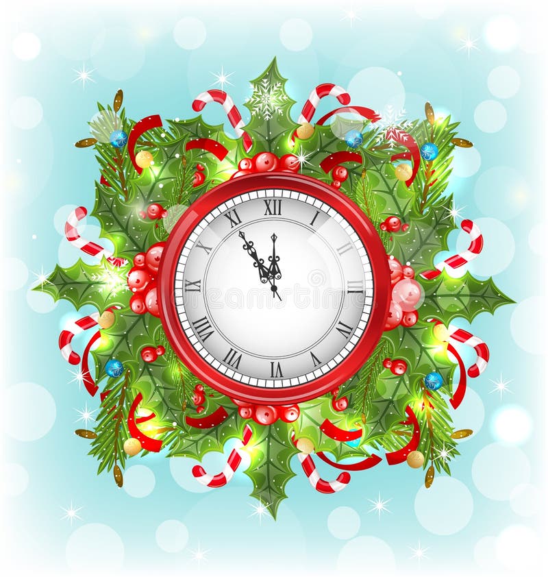 Clock with Christmas Holiday Decoration Stock Vector - Illustration of ...