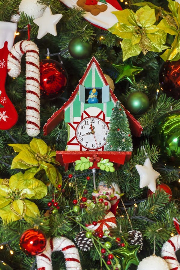 Clock on Christmas Tree in Time Midnight Stock Image - Image of frame ...