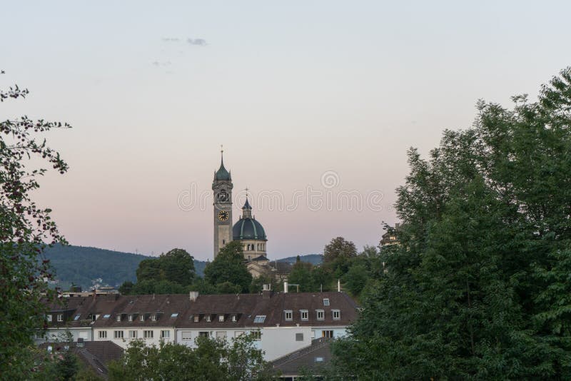 Clock Church Tower Seen through Tree at Sunset Blue Hour Stock Image ...