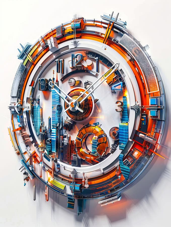 A Clock with a Cityscape Design on it Stock Photo - Image of generated ...