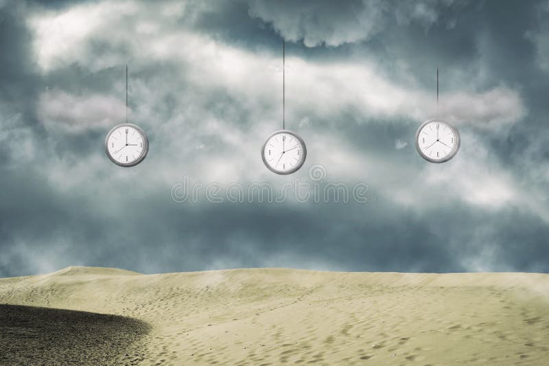 Clock from the Cloudy Sky, Over the Sand Dunes. Different Times. Time ...