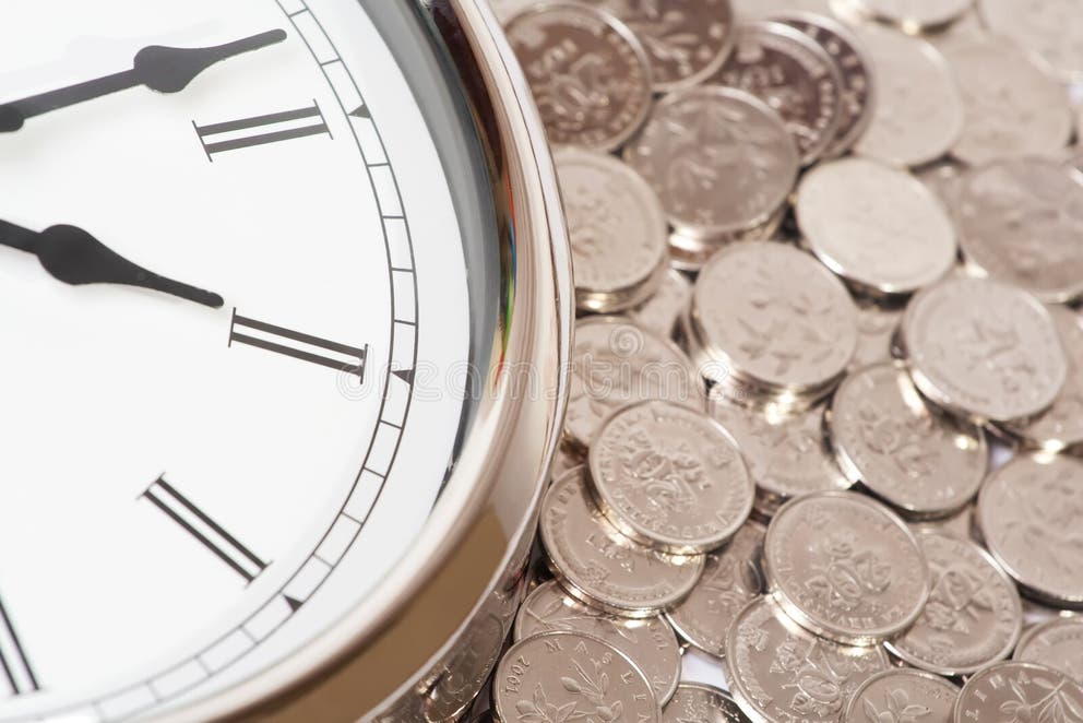 Clock and coins stock photo. Image of dollar, coin, finance - 12585374