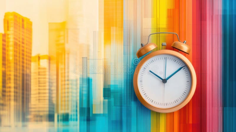A Clock on a Colorful Background with Cityscape in the Distance, AI ...