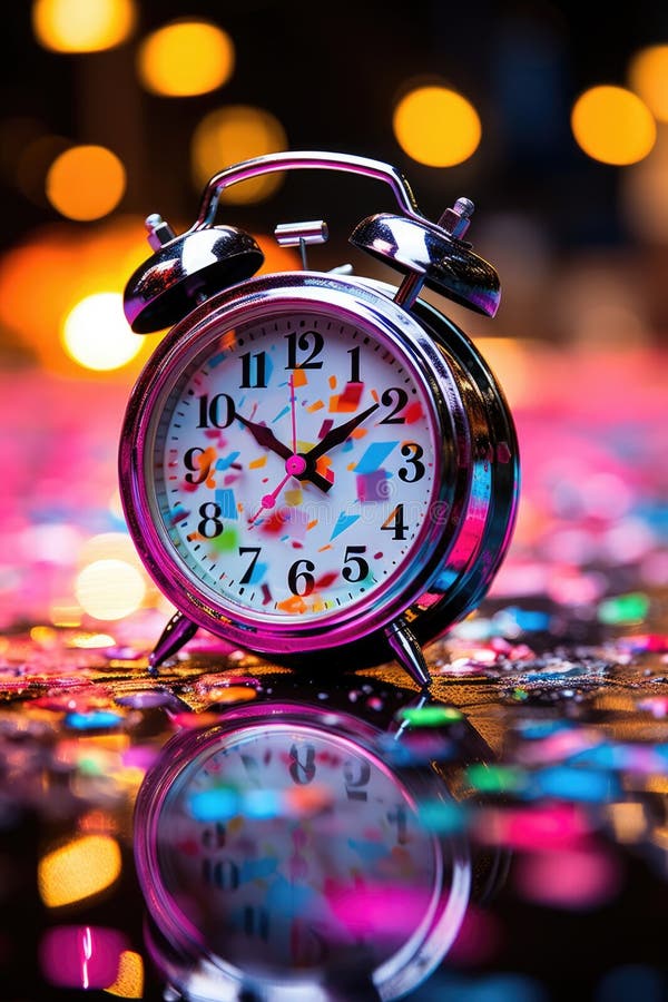 A Clock with Colorful Lights on the Background, AI Stock Photo - Image ...