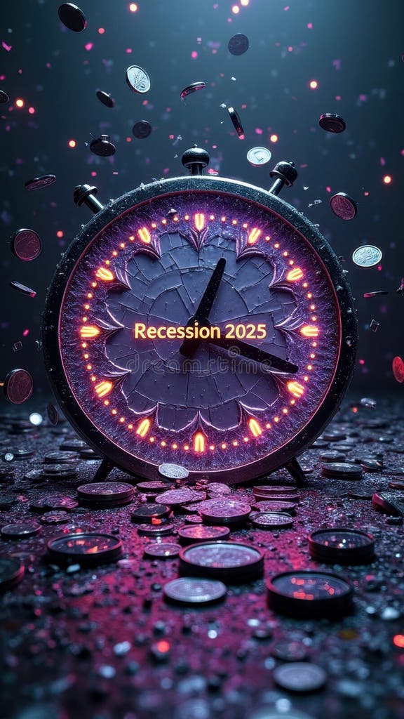 Clock Counting Down To Recession 2025 with Floating Coins in Dramatic ...