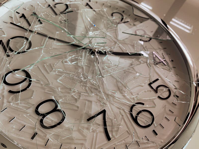 Clock with Cracked Glass and Shattered Art View Stock Image - Image of ...