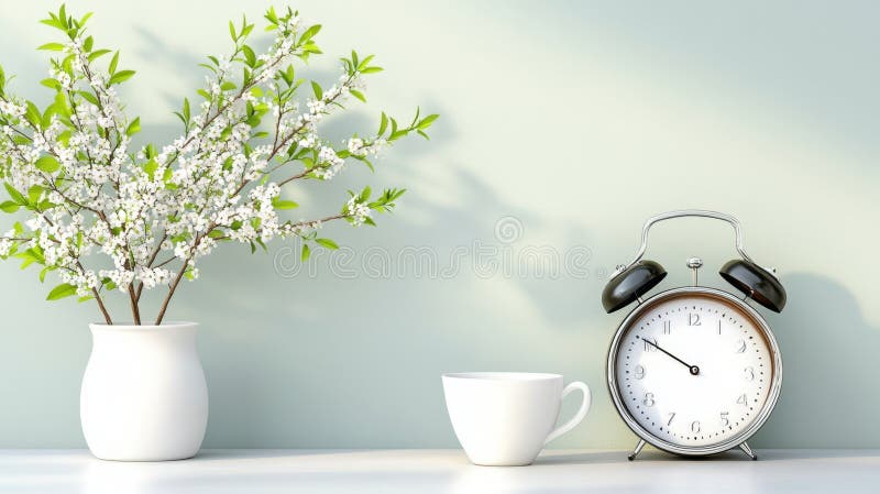 A Clock and a Cup Rest on a Table beside a Vase, Creating a Simple yet ...