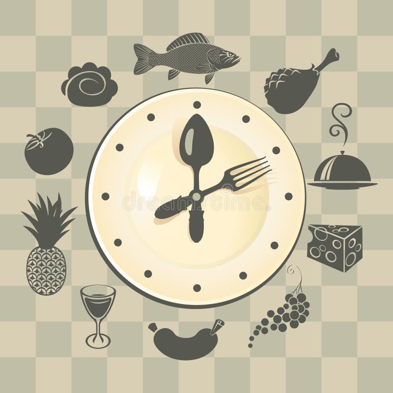 Clock and different dishes stock vector. Illustration of fork - 61196286