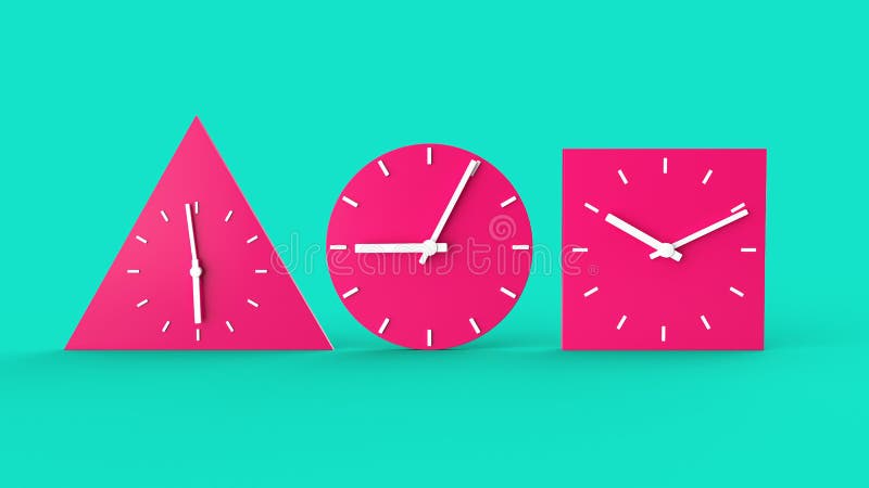 3D Rendering of Three Pink Clocks in Geometric Shapes Stock ...