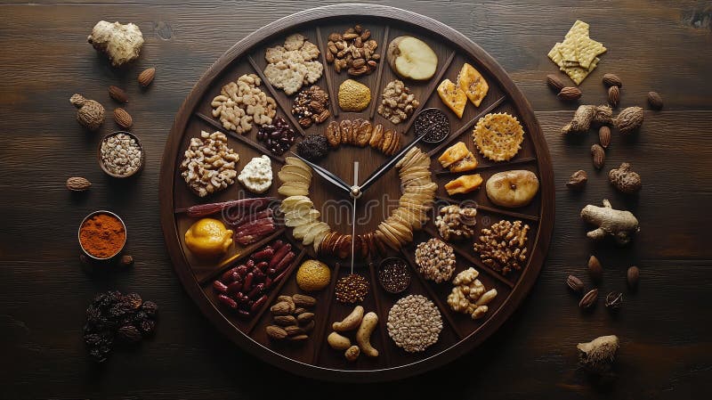 A Clock Displaying Nutritious Foods Symbolizing Time-Restricted Eating ...