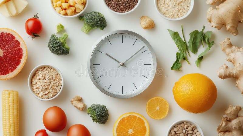 A Clock Displaying Nutritious Foods Symbolizing Time-Restricted Eating ...