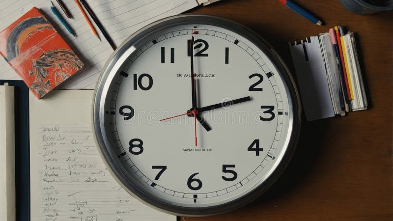 Clock Displays Twelve O Clock on a Desk Surrounded by Stationery and ...