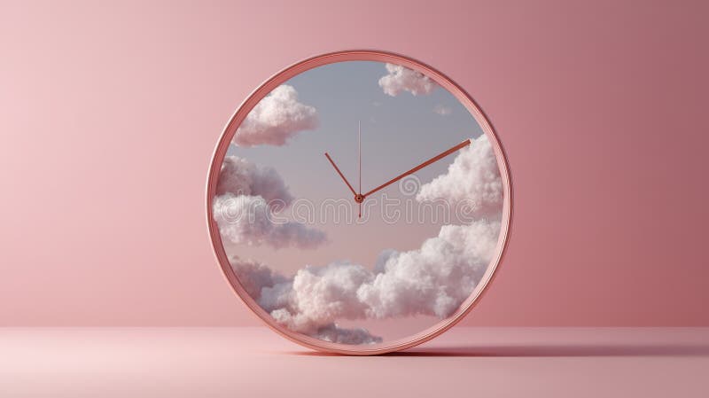 Clock with Dreamlike Cloud Reflection Displayed Against Soft Pink ...