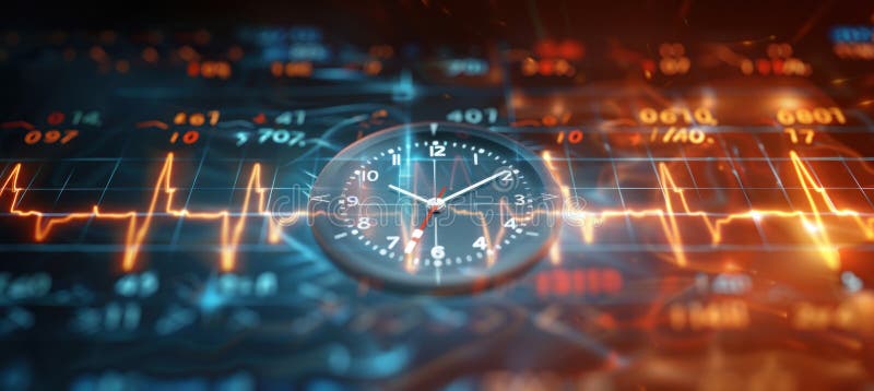 A Clock on Electric Blue Glass, Displaying a Heartbeat Graph in a ...