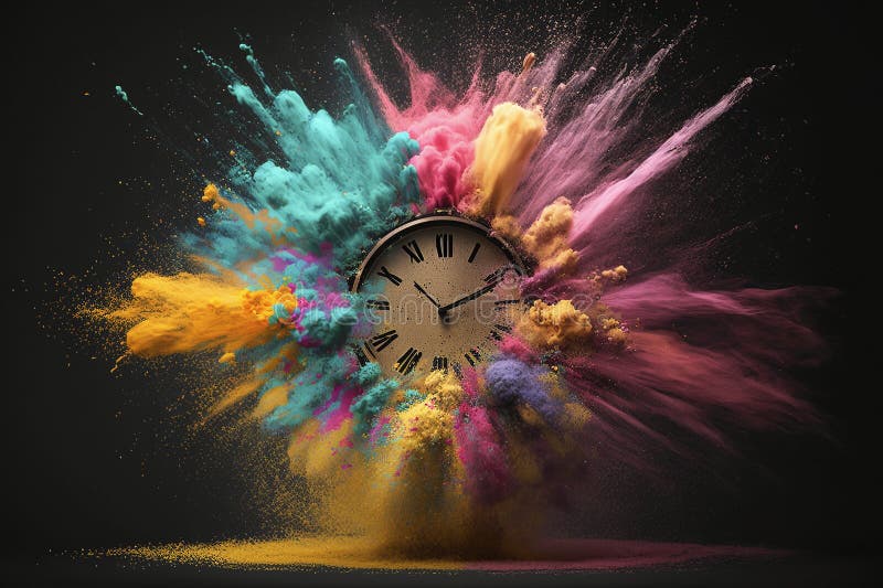 Clock Exploding with Colored Powder on Dark Background. Generative AI ...