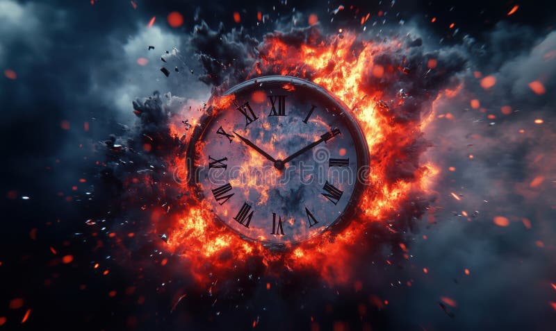 Clock Explosion with Fiery Background, Dramatic Time Representation ...
