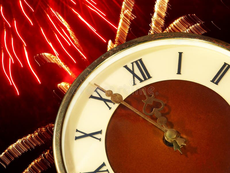 Eve of New Year.Clock Face and Golden Firework. Stock Photo - Image of ...