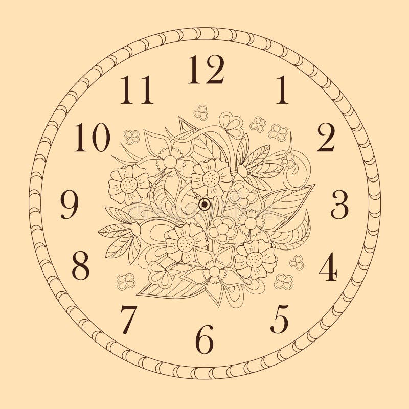 Clock Face Decorated with Doodle Flowers Stock Vector - Illustration of ...