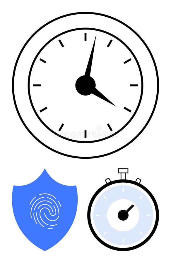 Clock Face, Fingerprint Shield, and Stopwatch Illustrating Time ...