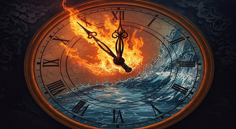 Clock Face with Fire and Water Illustrating Passage of Intense Time ...