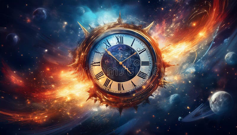 Clock Face Flying through Space Enveloped by Stars, Planets, and ...