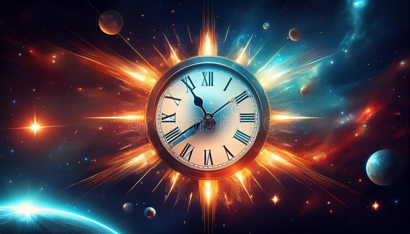 Clock Face Flying through Space Enveloped by Stars, Planets, and ...