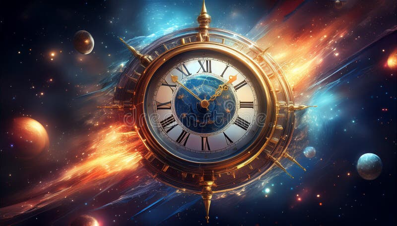 Clock Face Flying through Space Enveloped by Stars, Planets, and ...
