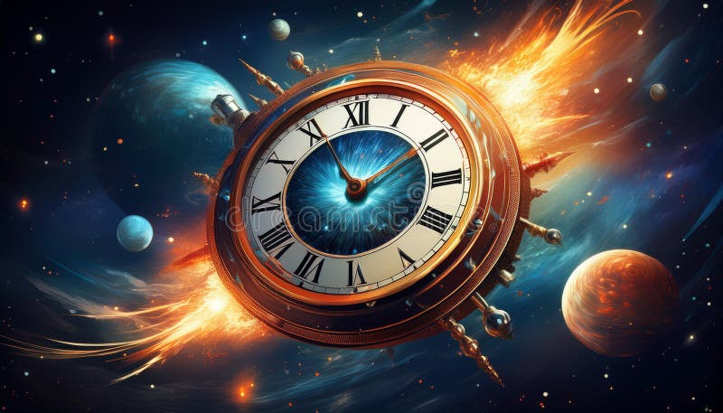 Clock Face Flying through Space Enveloped by Stars, Planets, and ...