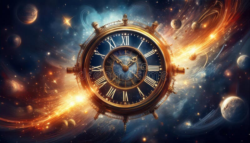 Clock Face Flying through Space Enveloped by Stars, Planets, and ...