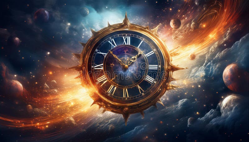 Clock Face Flying through Space Enveloped by Stars, Planets, and ...