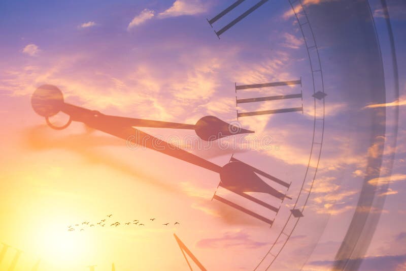 Clock Face Memory Time in Sun Bright Sky. Time Passing Sunset or Sunrise Sky Overlay Stock Image ...
