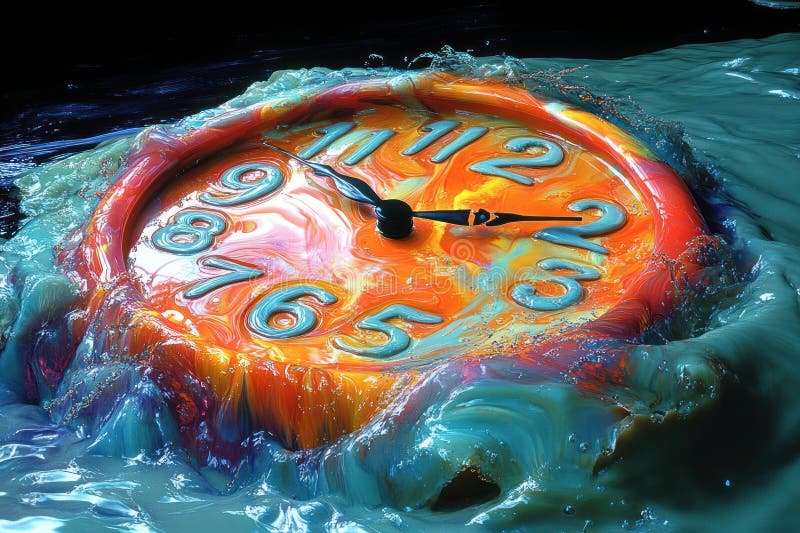 A Clock Face Partially Submerged in Colorful Liquid, Creating a Wave ...