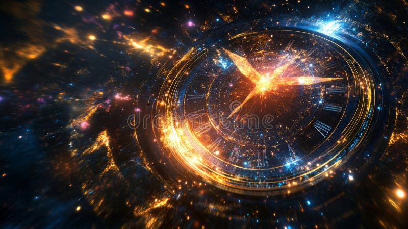 A Clock Face in a Universe of Cosmic Dust and Light Stock Illustration ...