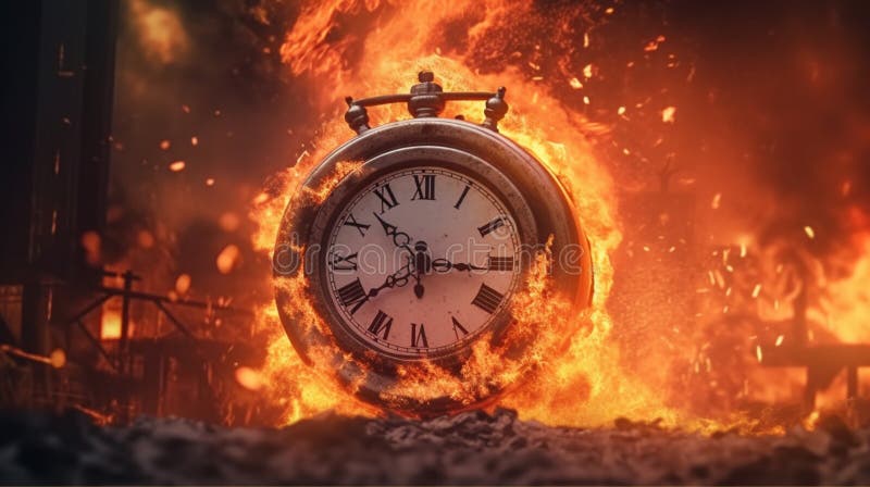 Clock on Fire, Clock Face Consumed As Time Burns Away. Generative AI ...
