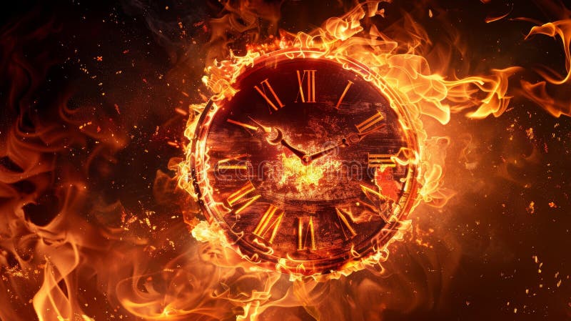 Clock on Fire, Distorted Hands Burning Away in an Intense and Fiery ...