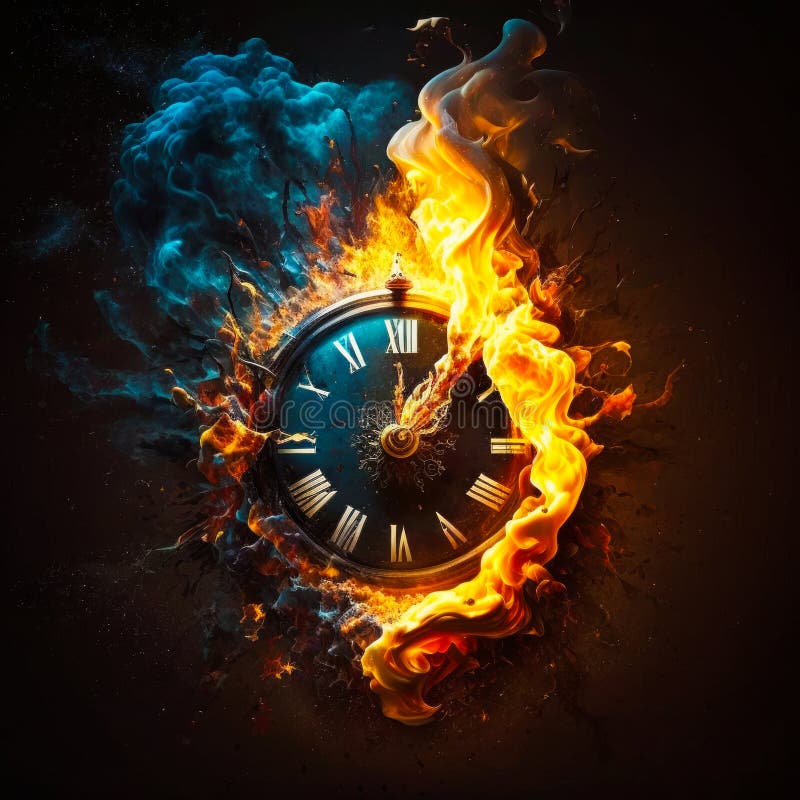 Clock with Flames and Smoke on Black Background. Generative AI Stock ...