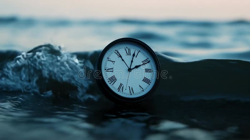 Clock Submerged in Ocean Waves during Twilight Capturing the Passage of Time and the Vastness of ...