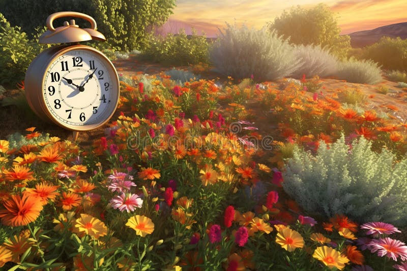 Clock and flowers stock illustration. Illustration of field - 275508508