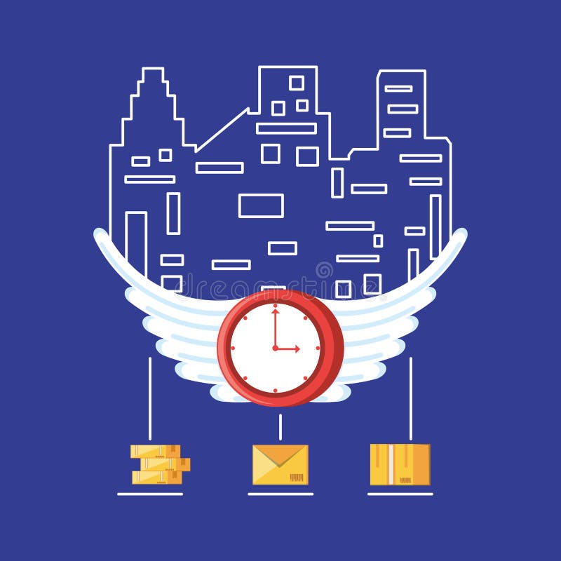 Clock Flying with Boxes and Cityscape Logistic Service Stock Vector ...