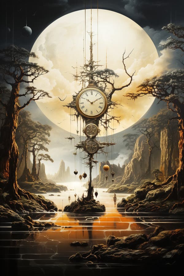 Clock in the Forest, Time in Fantasy World Stock Illustration ...