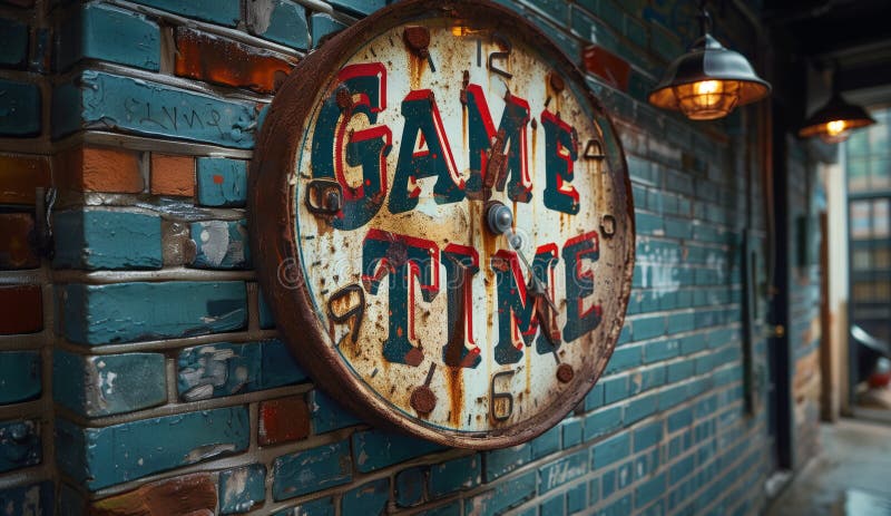 Clock with Game Time in Stylish Font on Brick Facade Stock Image ...