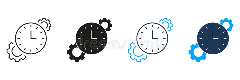 Clock with Gears Line and Solid Icon Set. Time Management, Efficiency, and Process Optimization ...