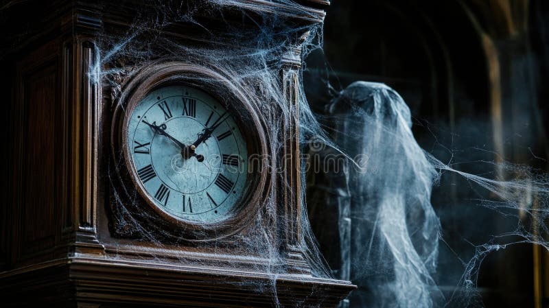 A Clock with a Ghostly Figure Behind it in a Dark Room, Suitable for ...