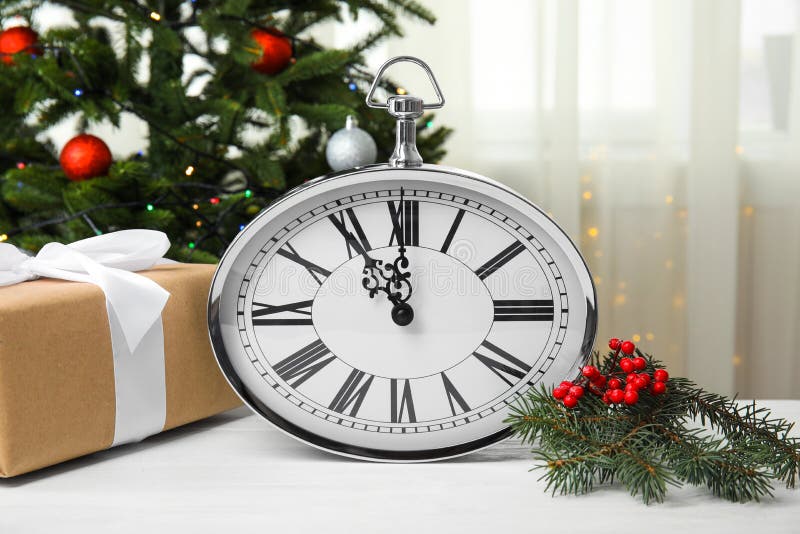 Clock, Gift and Decor on Table. Christmas Countdown Stock Image - Image ...