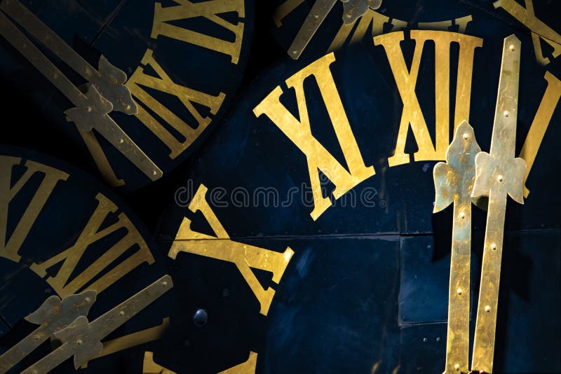 The Midnight on Tower Clock Stock Photo - Image of numerals, black ...