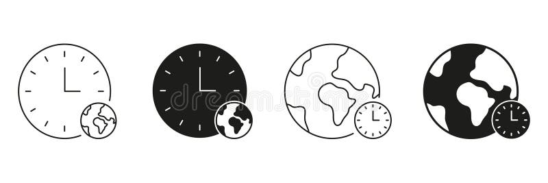 Clock and Globe Line and Solid Icon Set. Global Time Zones and World ...